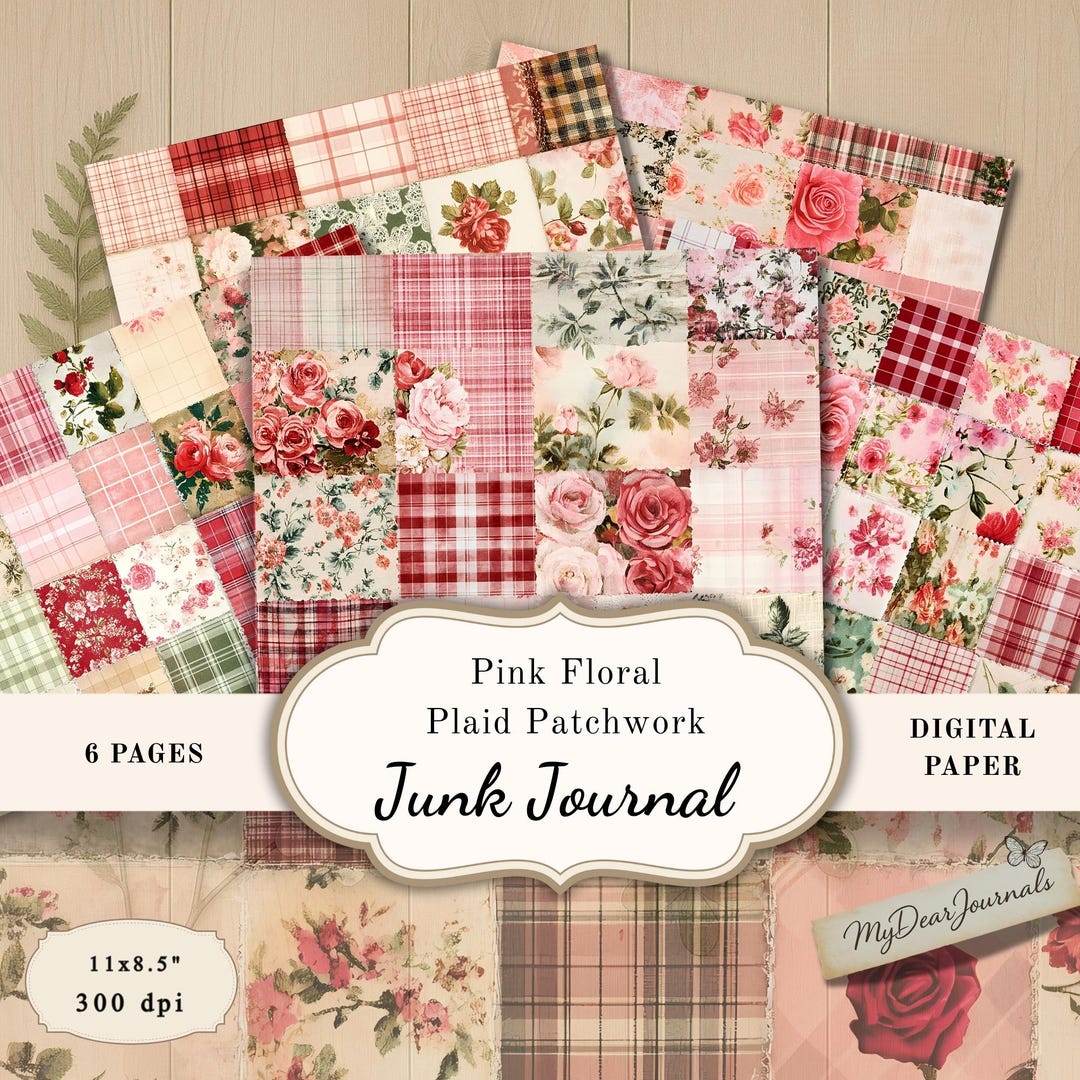 Shabby Chic Floral Digital Paper Pack: Pink Roses, Plaid, Cottagecore ...