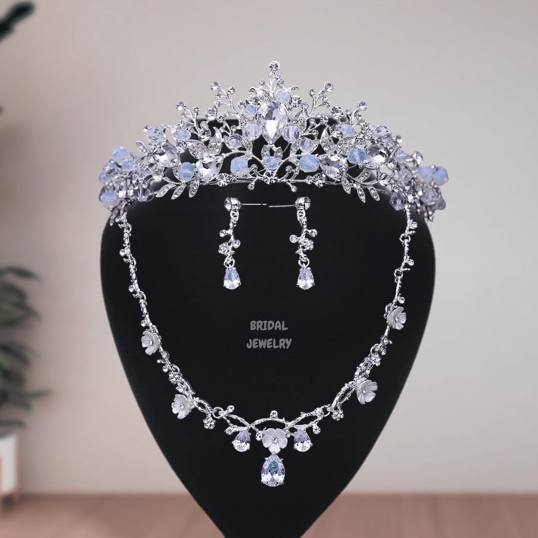 Bridal Floral Silver Crown Set, Elegant Crystal Handmade Tiara Crown ...