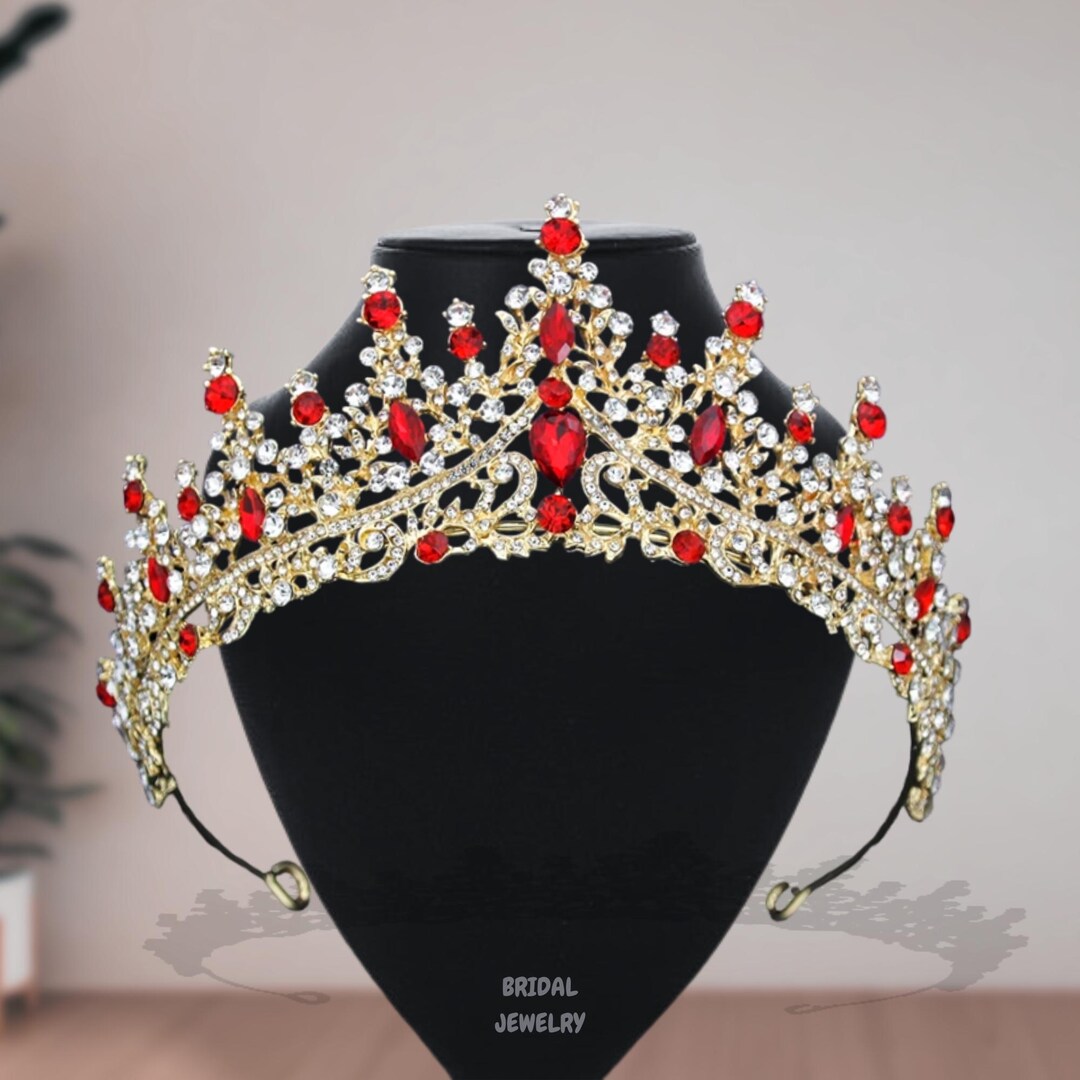 Red Crystal Bridal Gold Crown, Elegant Princess Wedding Prom Party ...