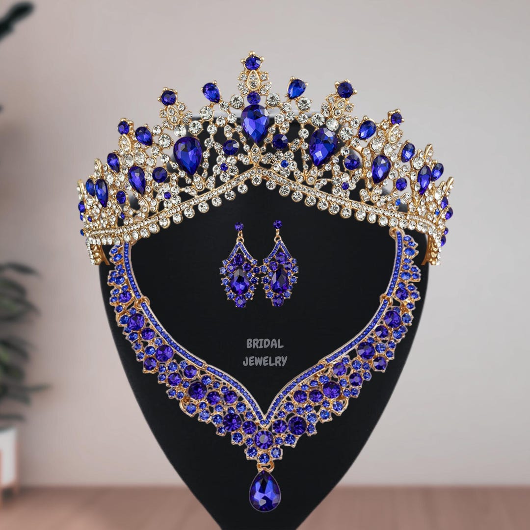 Bridal Blue Wedding Gold Crown Set, Quinceanera Blue Crystal Tiara Set ...