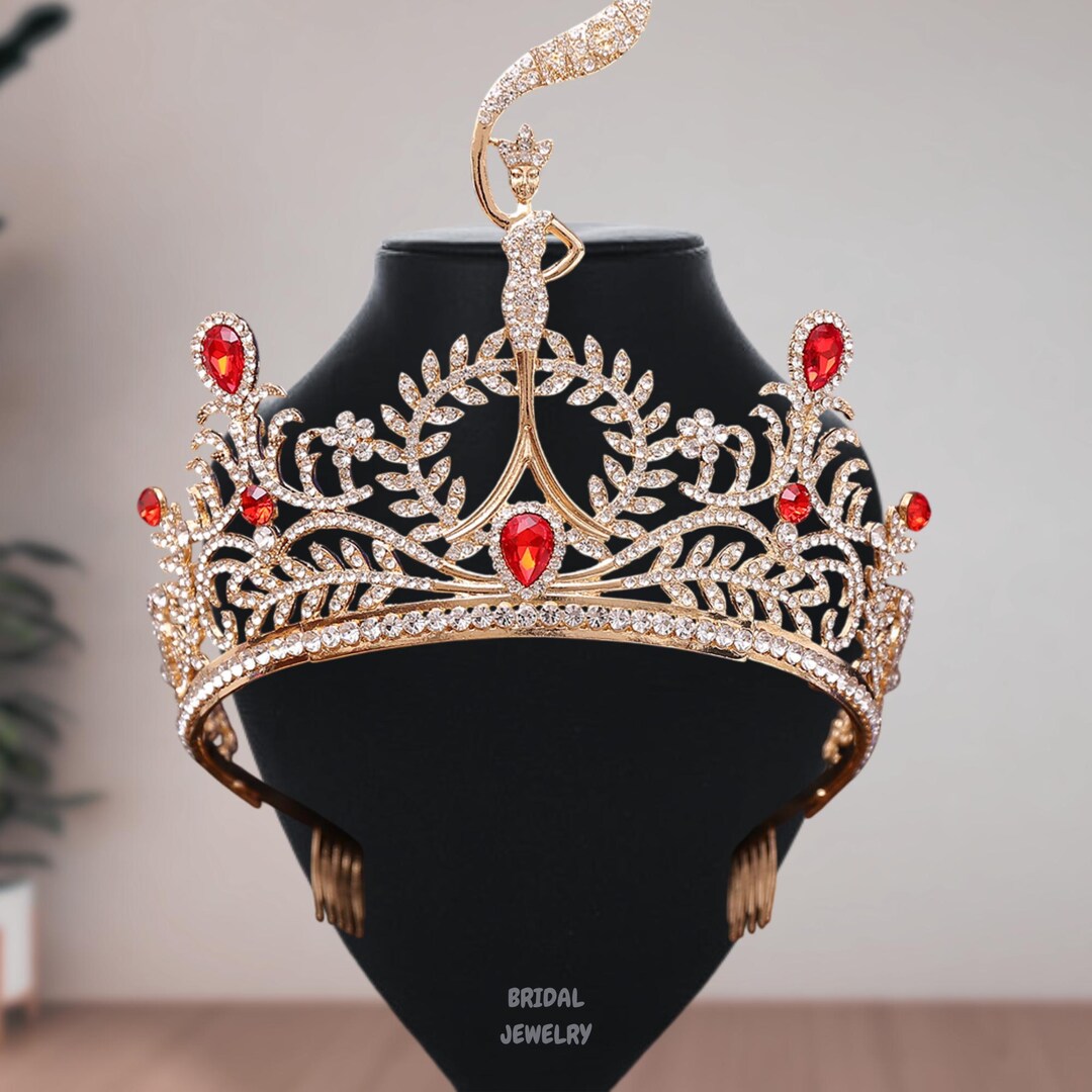 Elegant Luxury Gold Queen Crown, Red/green Rhinestone Quinceanera Tiara ...