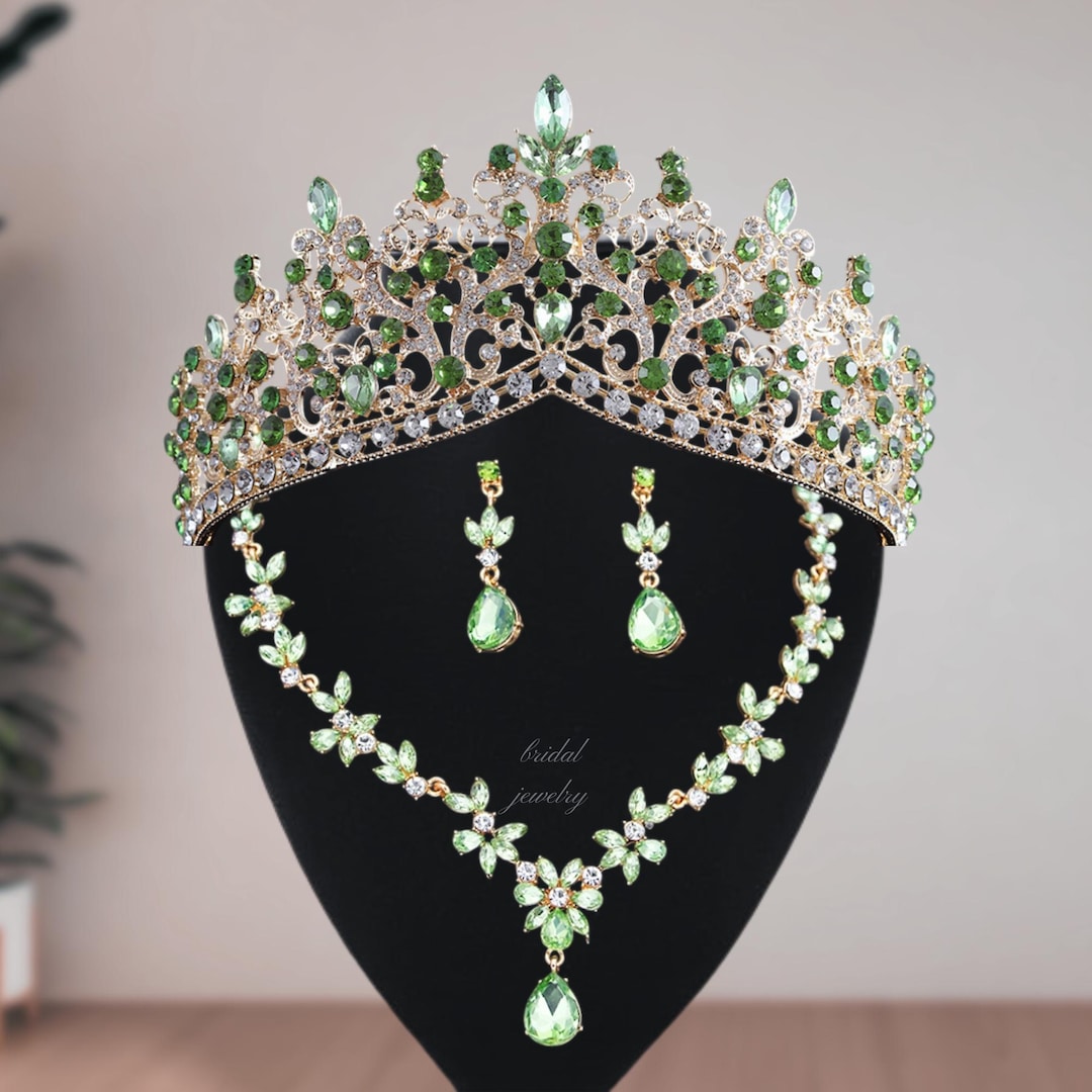 Light Green Bridal Crown Jewelry Set - Gold Wedding Tiara Hair ...