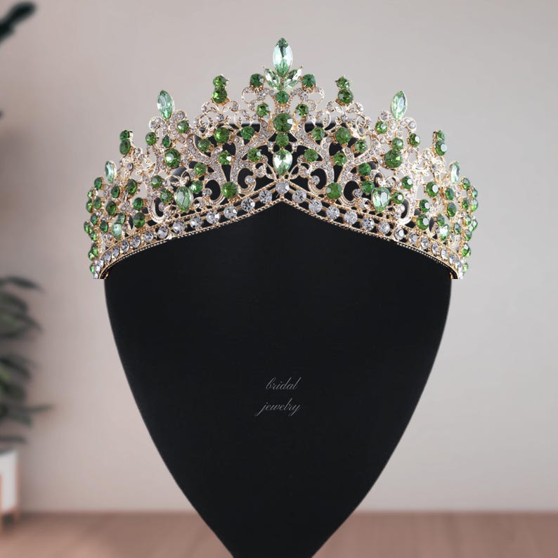 Light Green Bridal Crown Jewelry Set - Gold Wedding Tiara Hair ...