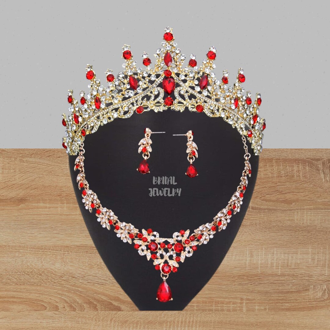 Baroque Luxury Gold Red Rhinestone Crown Set, Elegant Bridal Tiara Set ...
