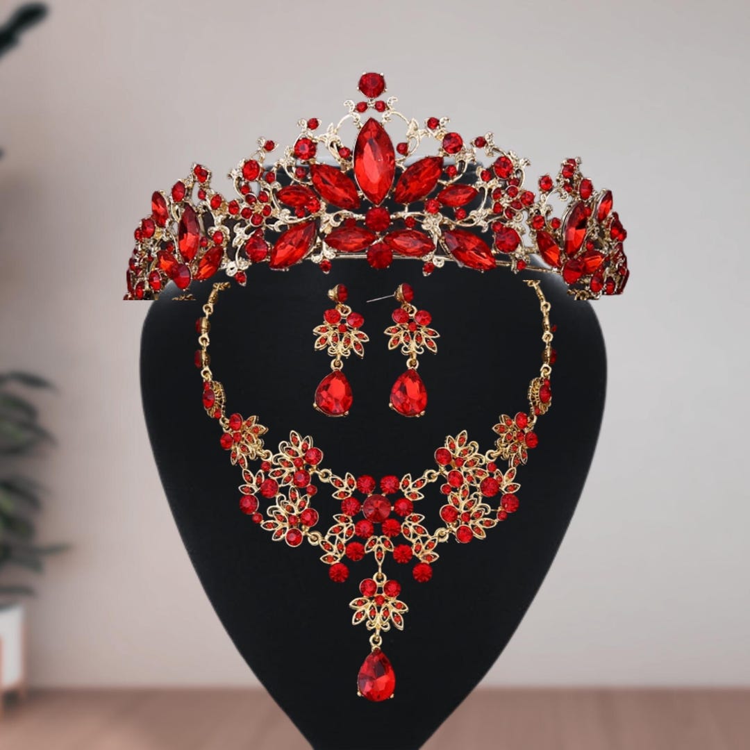 Red Crystal Bridal Jewelry Set: Rhinestone Tiara, Necklace & Earrings ...