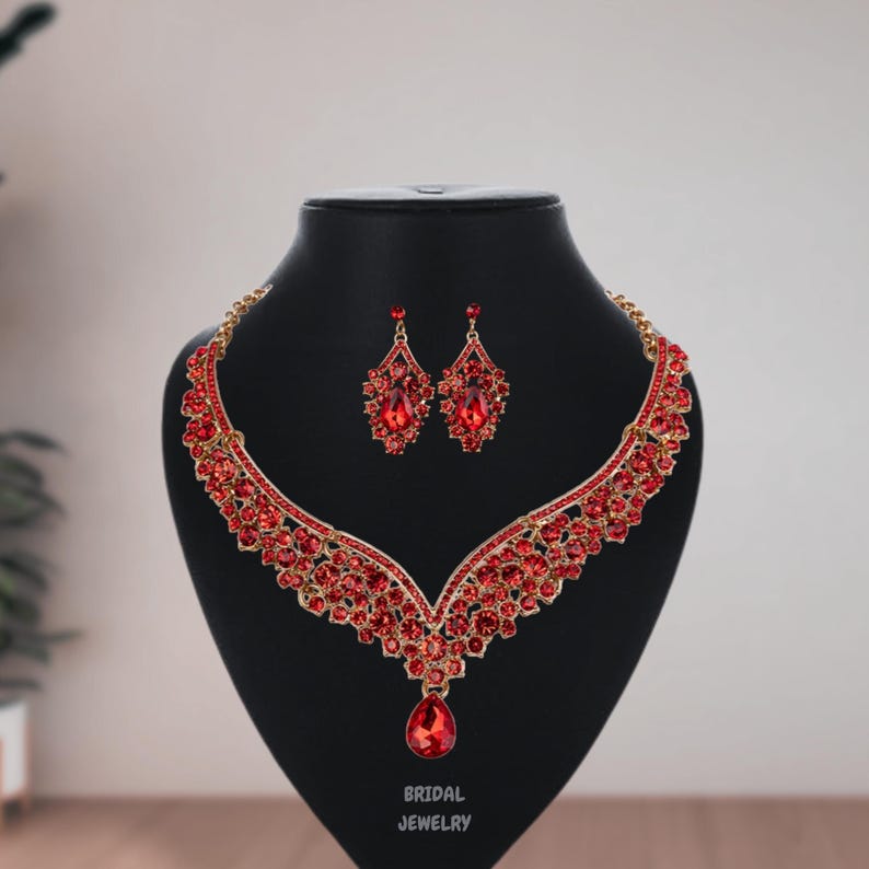 Red Crystal Bridal Gold Cron Set, Wedding Red Bridal Necklace, Earring ...