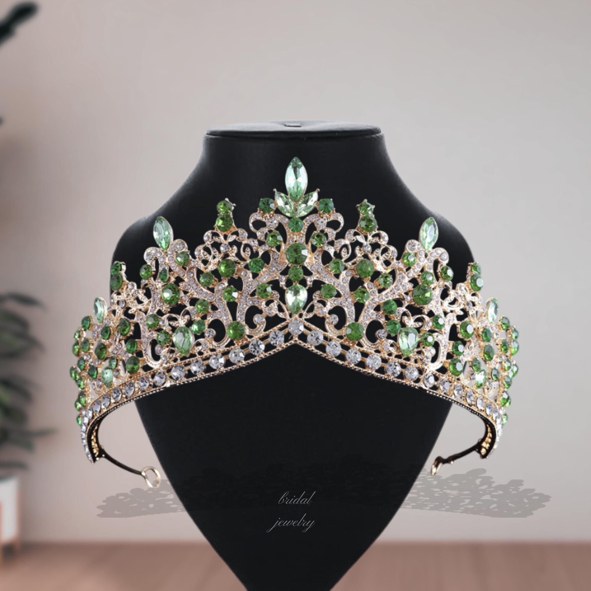Light Green Bridal Crown Jewelry Set - Gold Wedding Tiara Hair ...