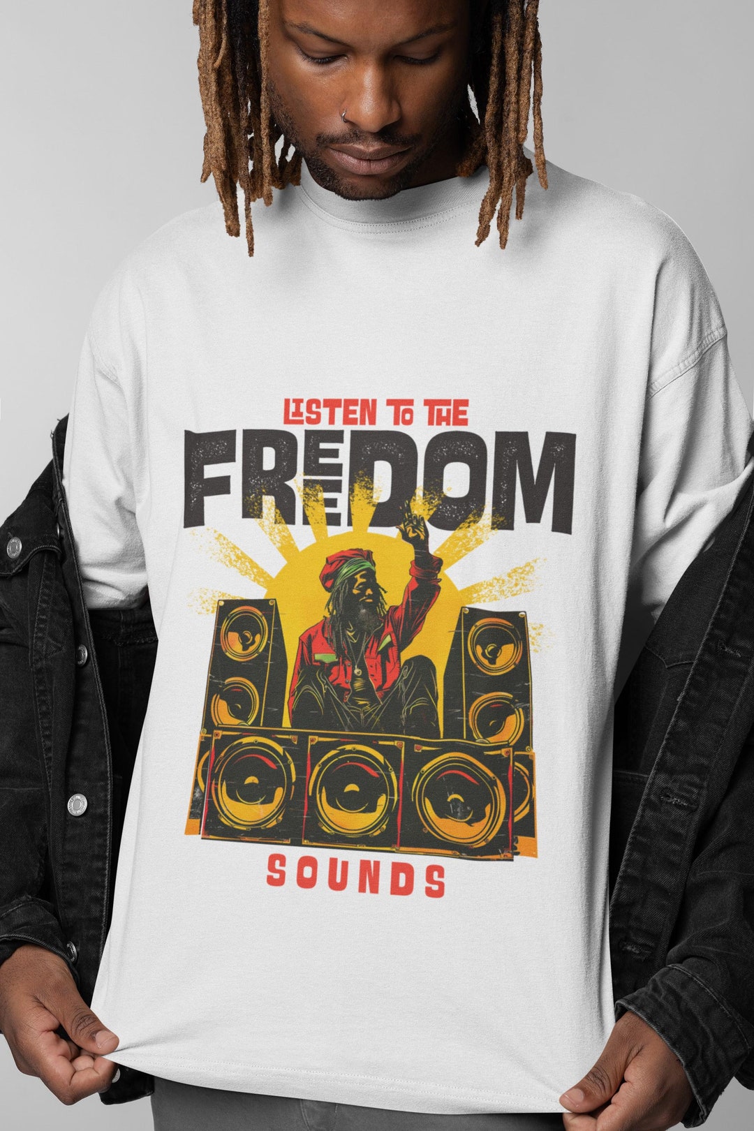 Reggae Rasta T-shirt Freedom Sound System Graphic Tee Jamaican Music ...