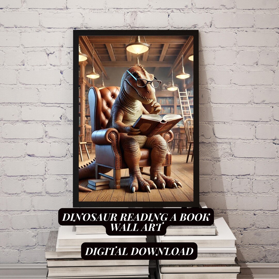 Dinosaur Reading a Book Wall Art Digital Download High Quality PDF File ...