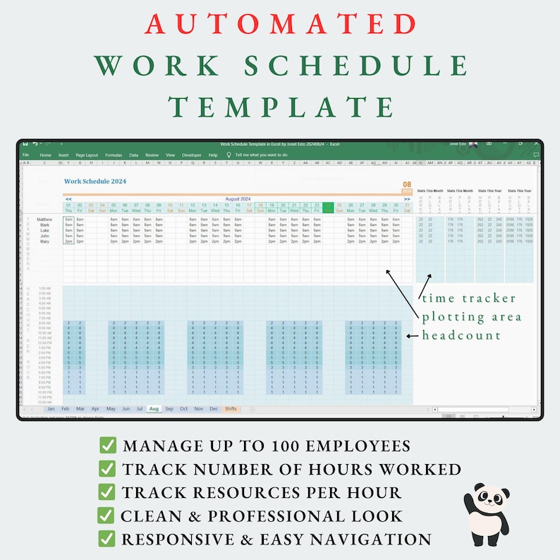 2025 Work Schedule Template, Attendance Tracker, Shift Planner, Employee Roster, Rota, Staff ...