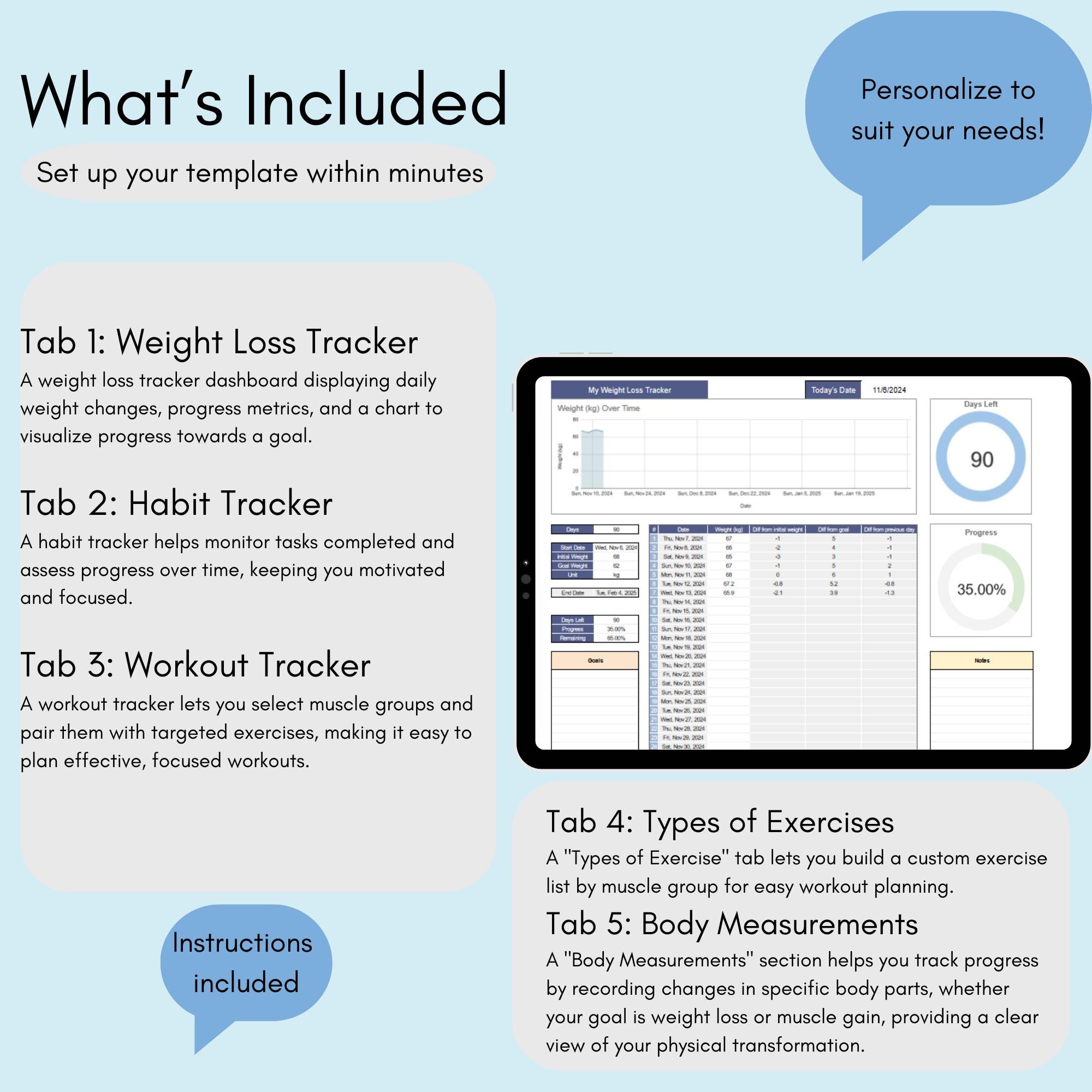 Weight Loss Tracker Spreadsheet for Google Sheets: Daily, Weekly Weigh ...