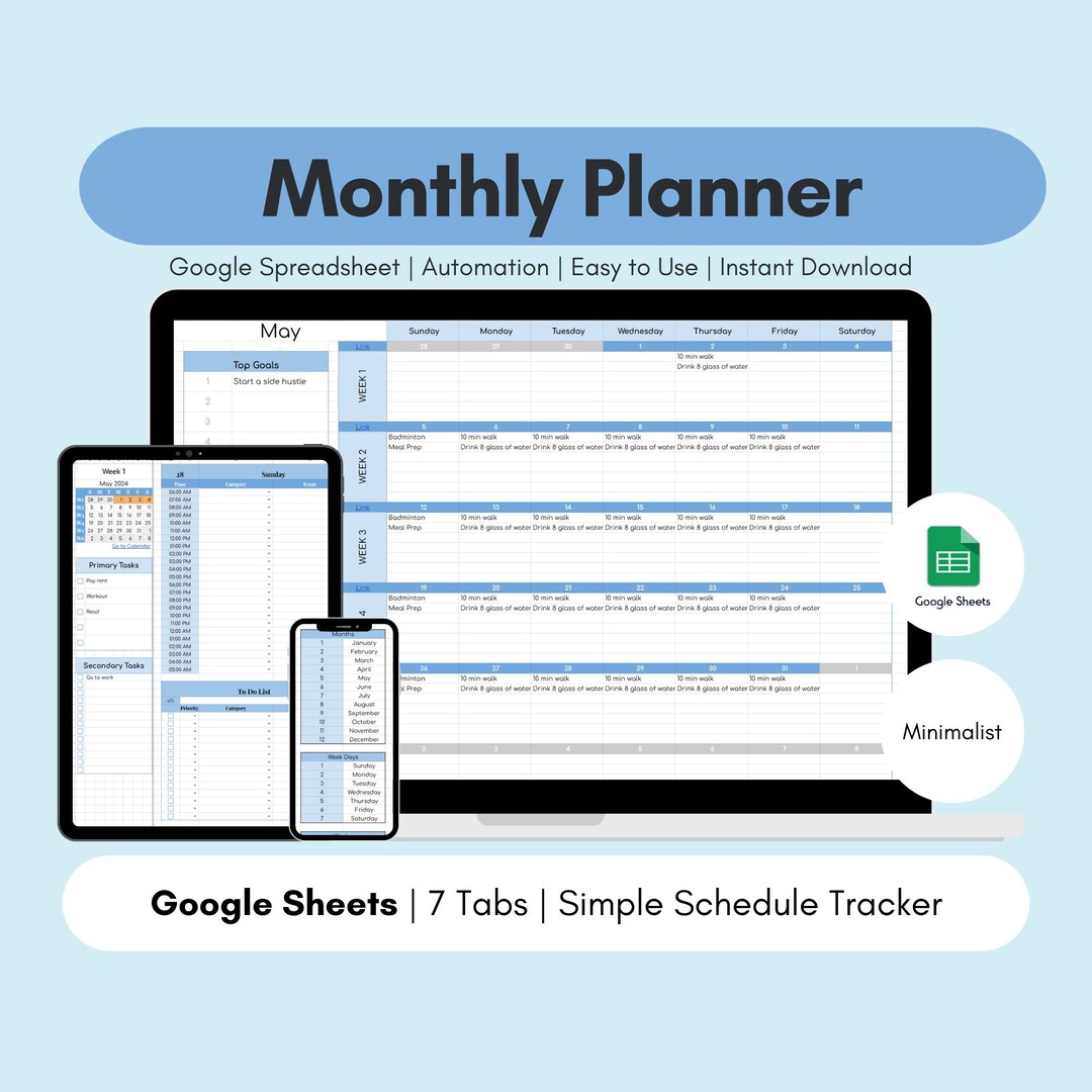Digital Monthly Planner: Google Sheets Calendar, Tracker (digital ...