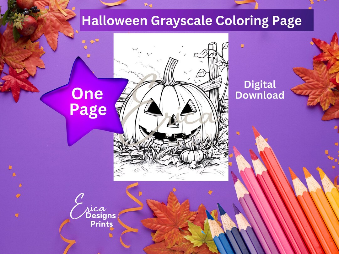 Halloween Grayscale Coloring Page | Halloween Printable Coloring Page ...