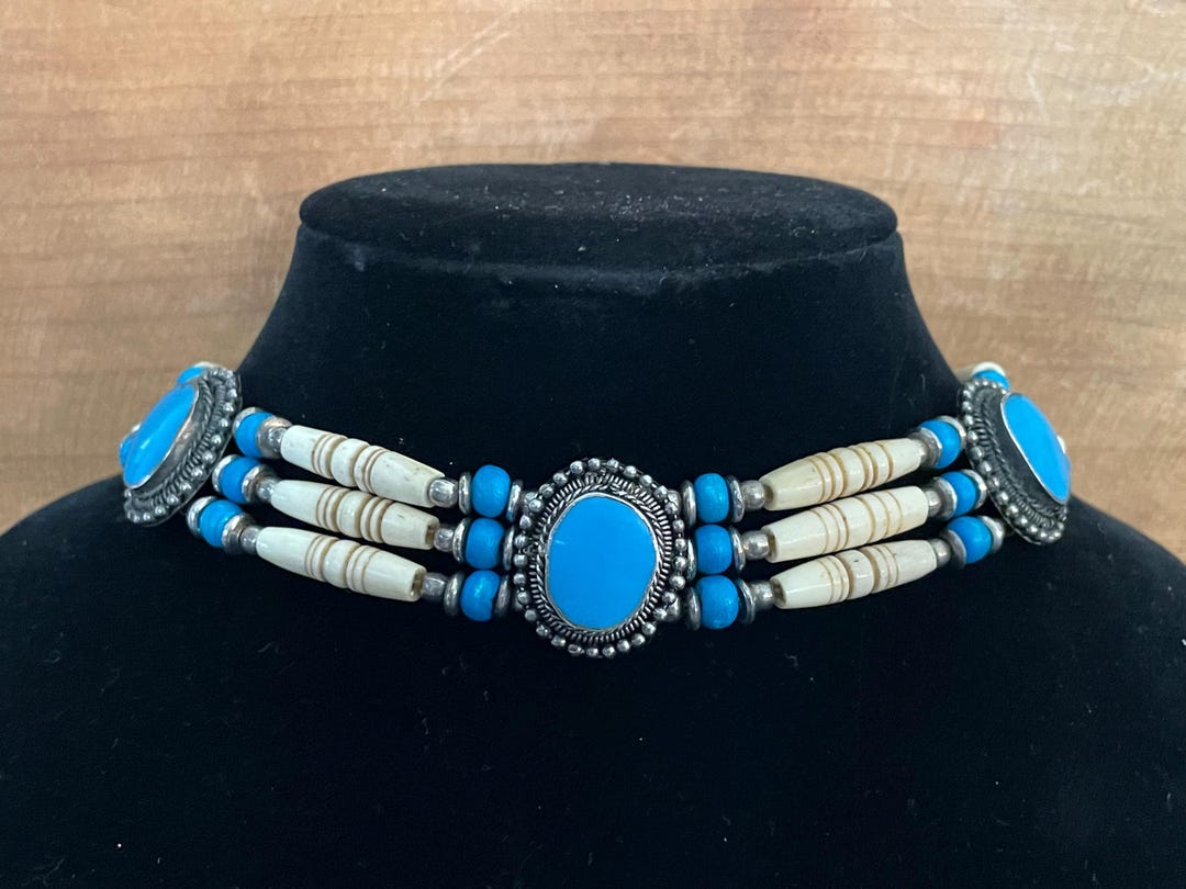 Vintage Buffalo Bone Choker Turquoise Agate Tribal Native American ...