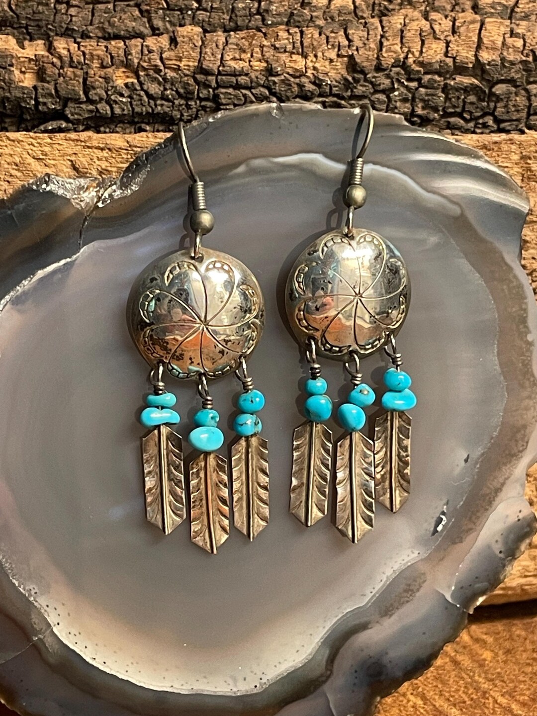 Vintage Sterling Silver Concho and Feather Earrings - Etsy