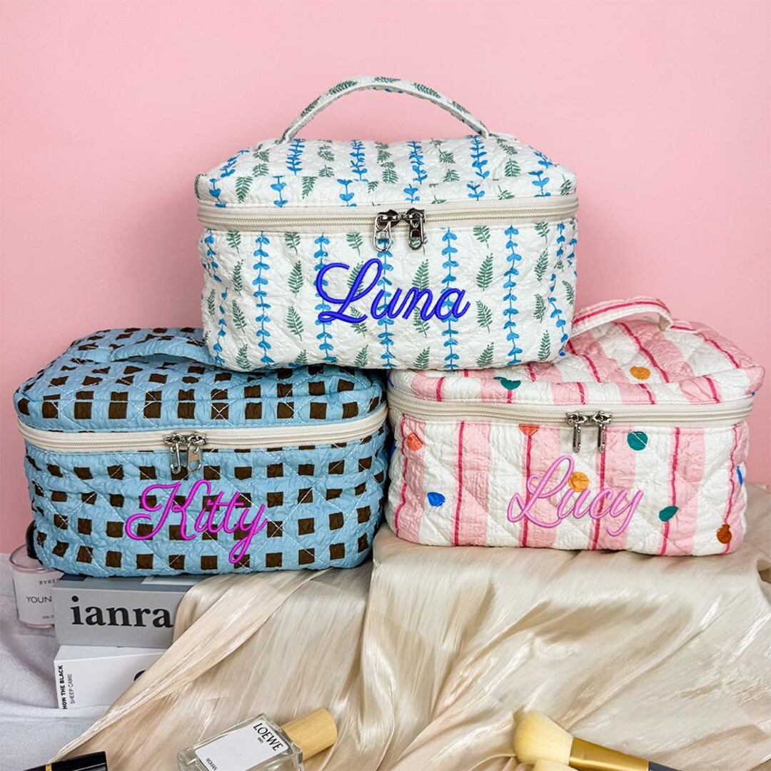 Custom Embroidered Chic Makeup Bag, Makeup Organizer, Quilted Cotton ...