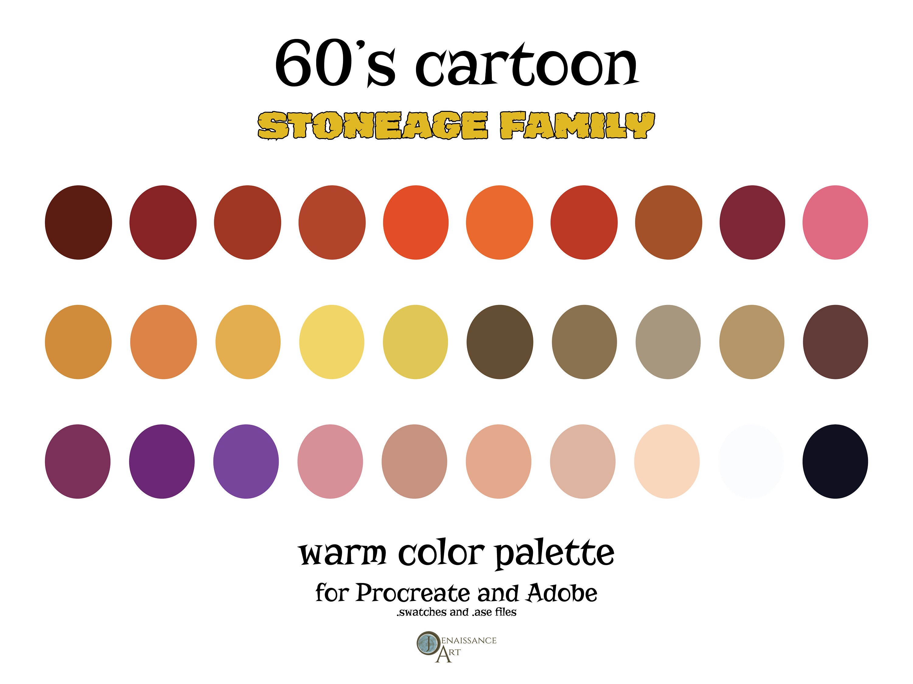 Cartoon Stone Age Family de los años 60 Paleta de colores cálidos para ...