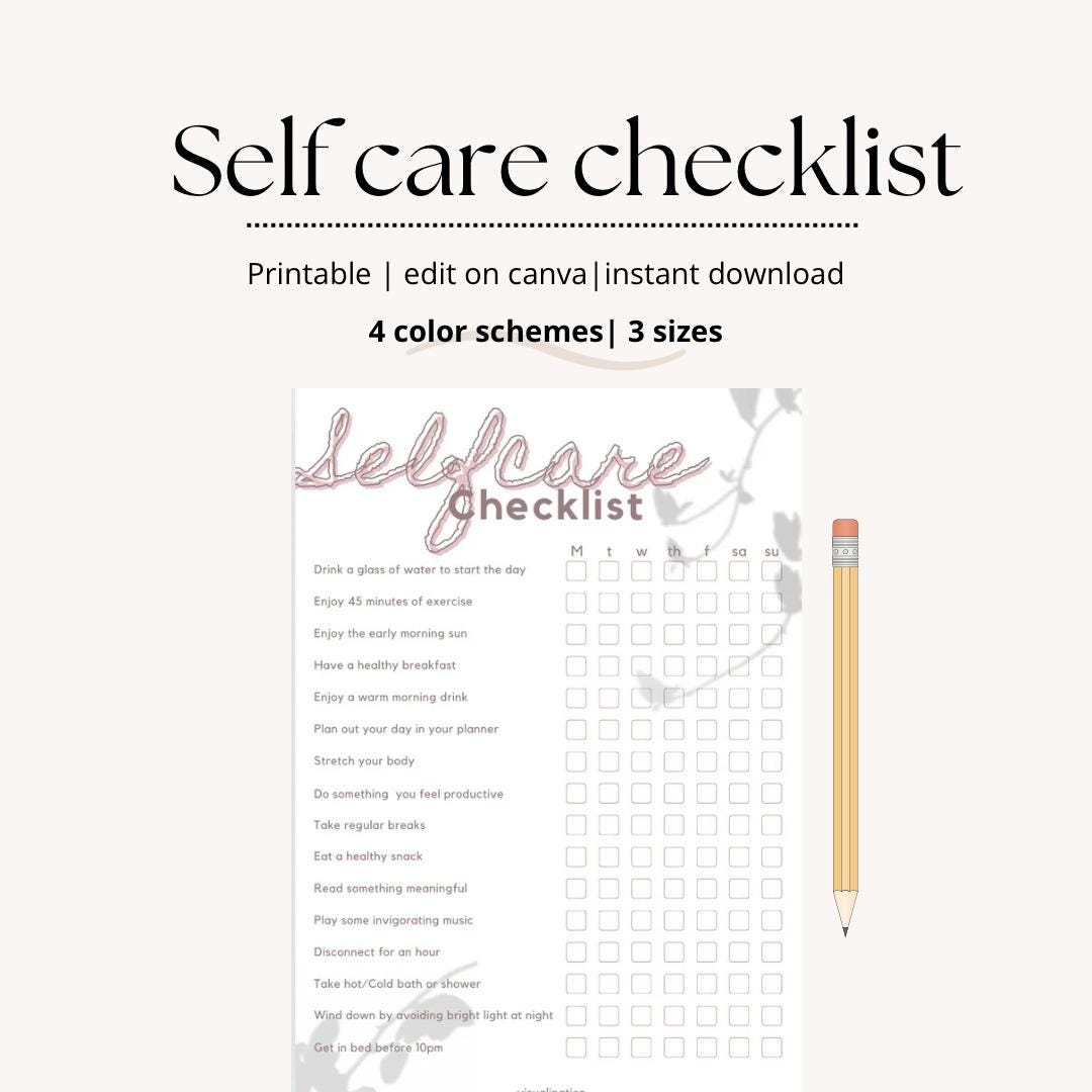 Printable Digitally Daily Self Care Checklist. Canva Template. Four ...