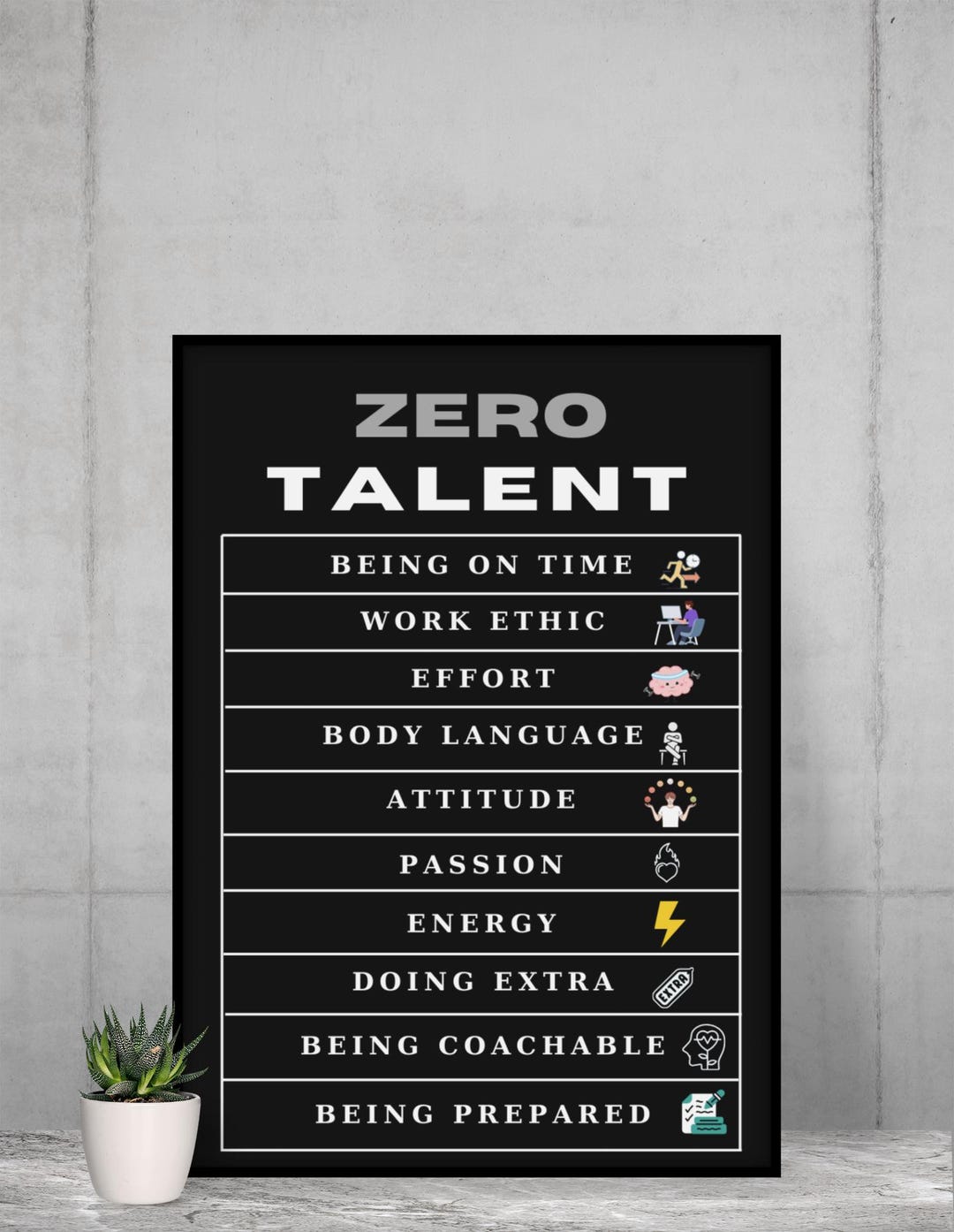 Zero Talent Poster Office Decor Motivation 10 Things Work Ethic Quote ...