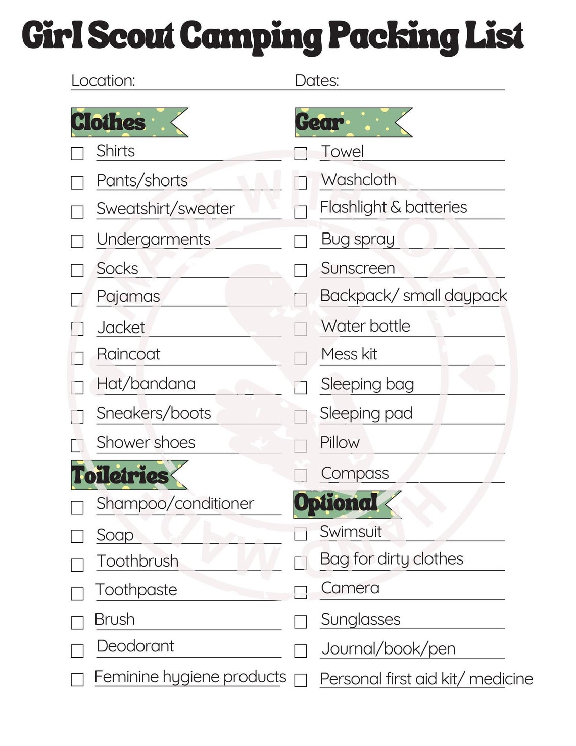 Girl Scout Camping Packing List - Etsy