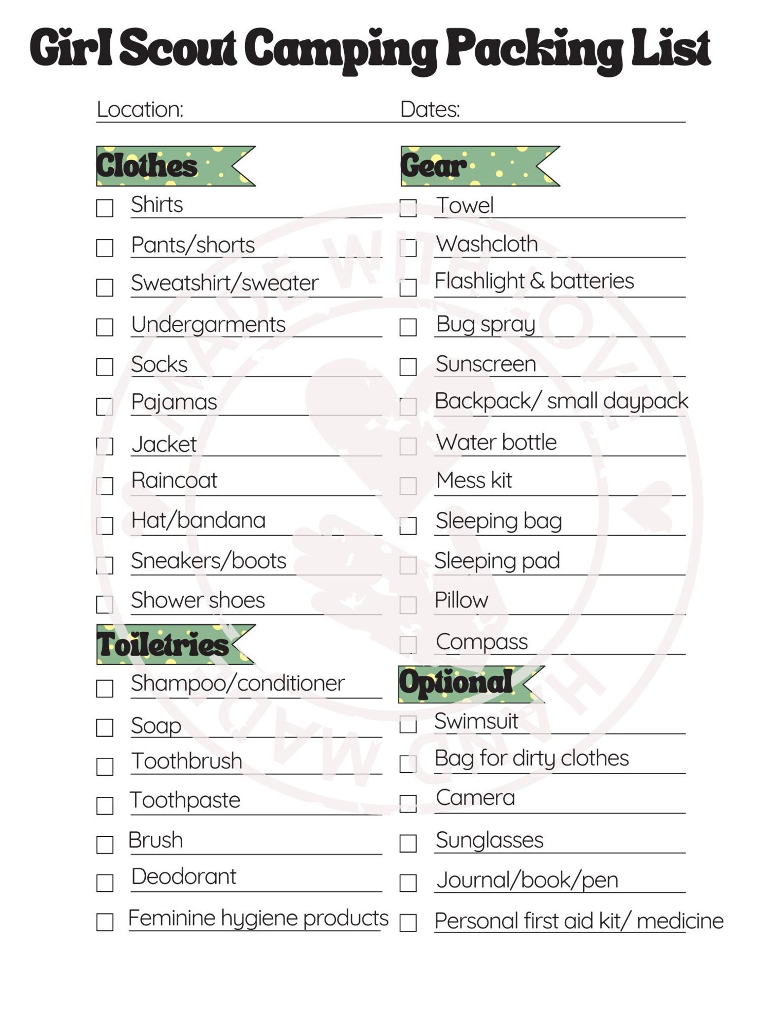Girl Scout Camping Packing List - Etsy