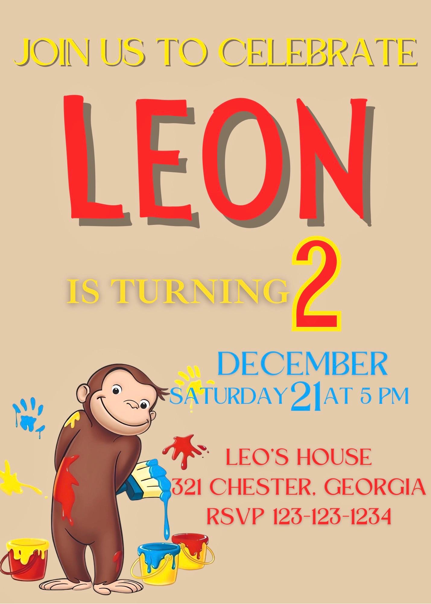 Curious George Theme Birthday Invitation, Curious George Invite ...
