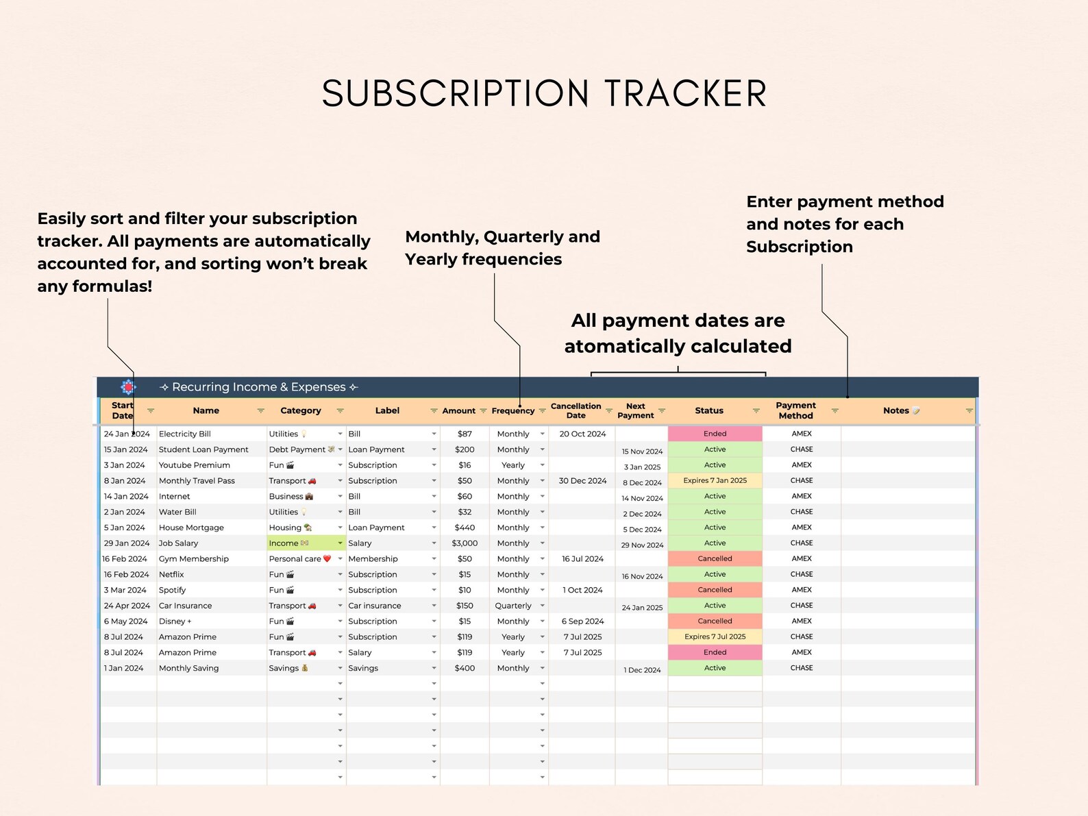 Personal and Family Budget Tracker Track Income, Expenses, Subscriptions, Debt Payment and Net ...