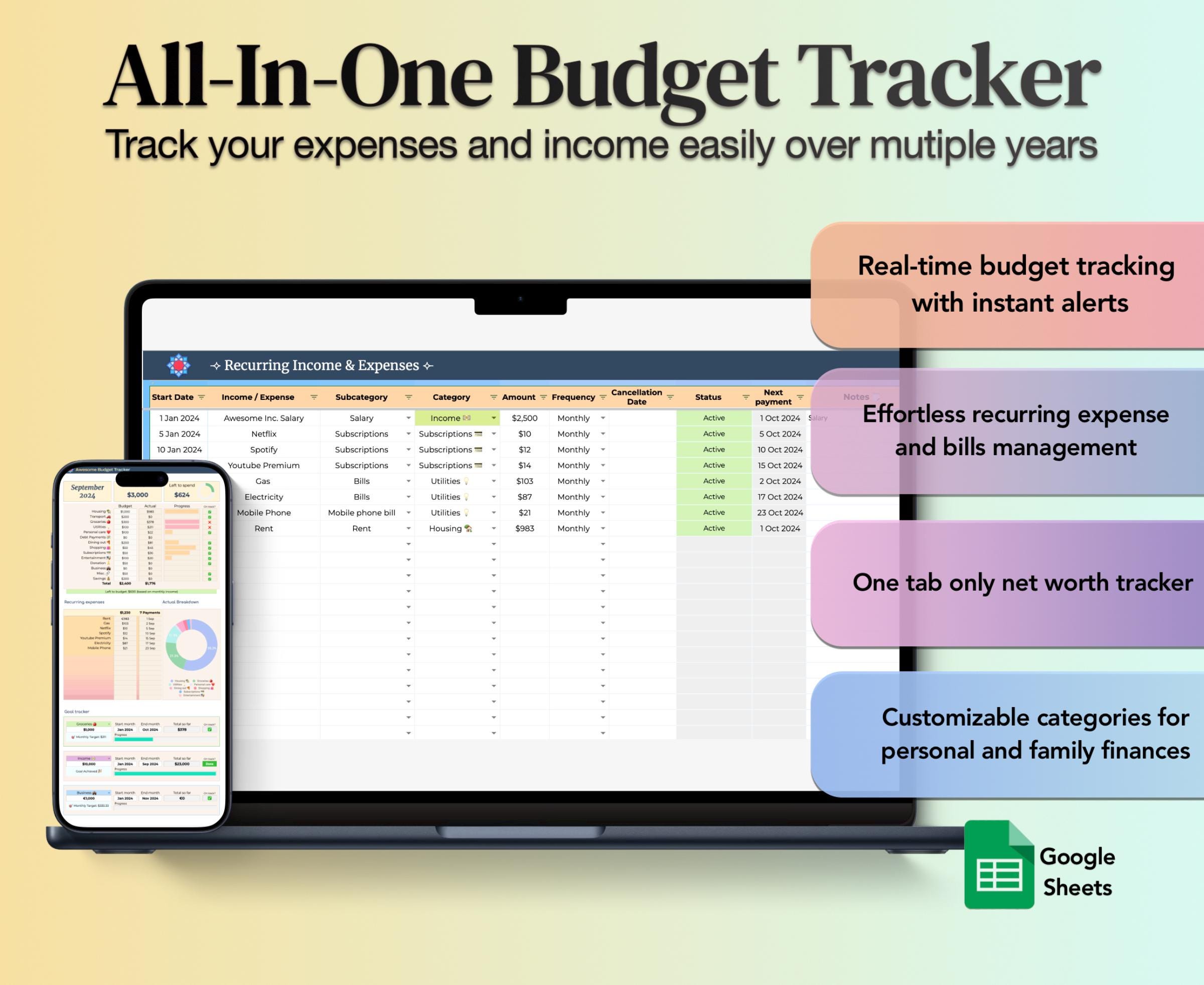 Personal & Family Budget Tracker Google Spreadsheet, Monthly / Yearly ...