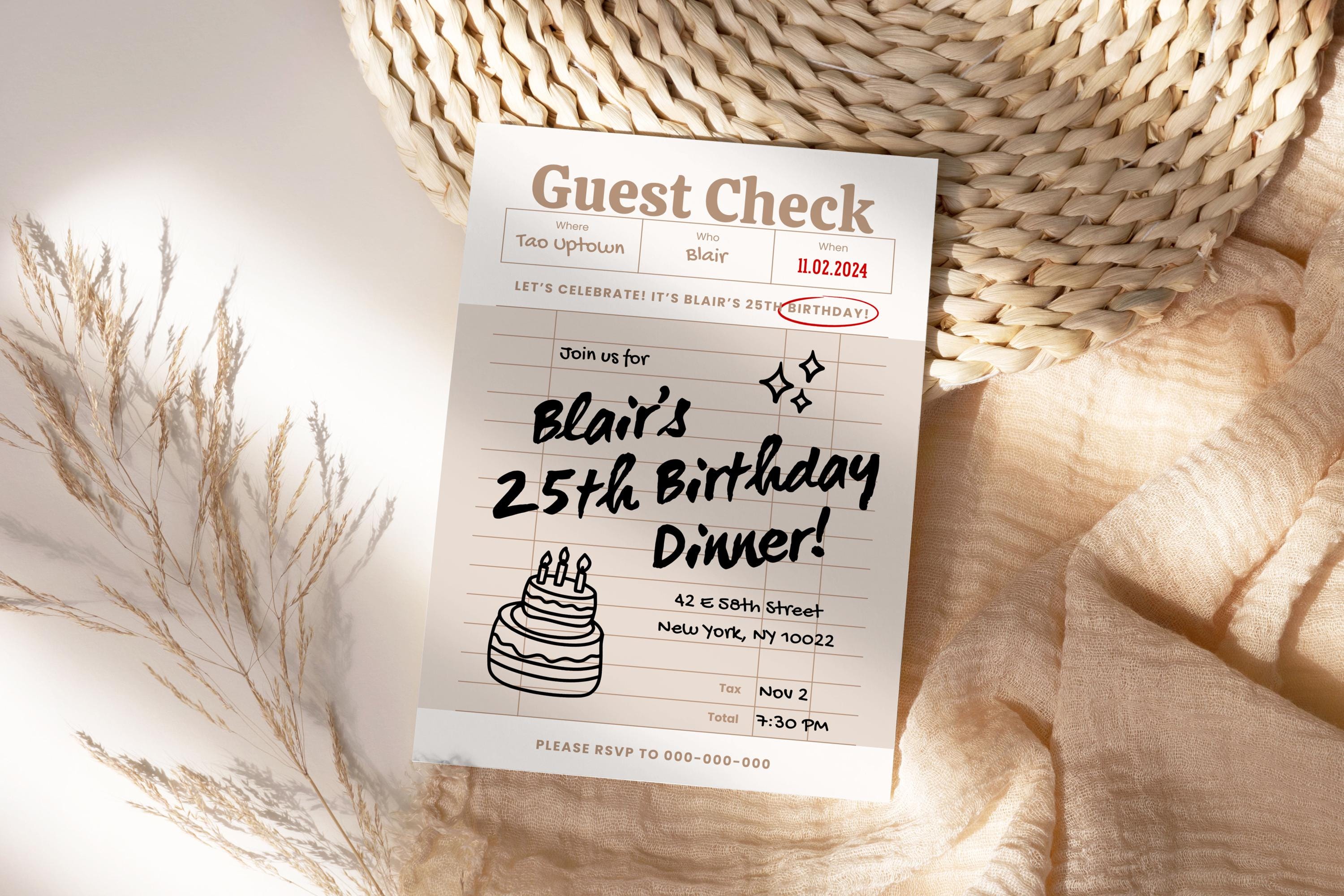 Trendy Guest Check Birthday Party Invitation Template, Custom Canva ...