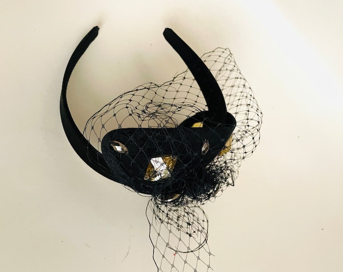 Fascinator Vintage Head Piece Black Veiled Headband Rhinestone Gems ...