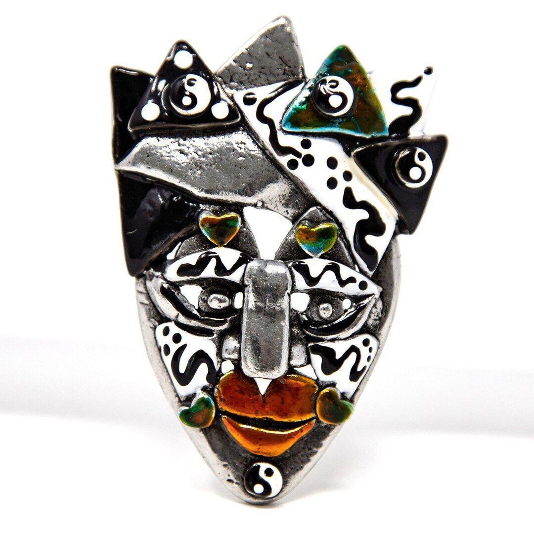 Vintage Enamel Cubist Style Face Mask Yin Yang Symbol Brooch Pin Signed ...