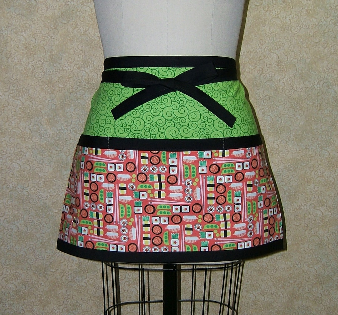 Sushi Chop Stick Apron Half Lined Cotton Green Peach 3 Deep Pockets ...