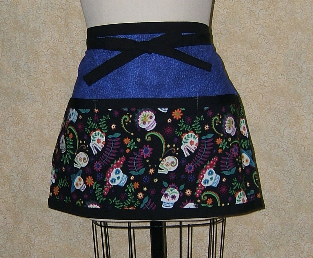 Sugar Skull Half Apron Royal Blue Base 3 Pocket Mardi Gras Day of the ...
