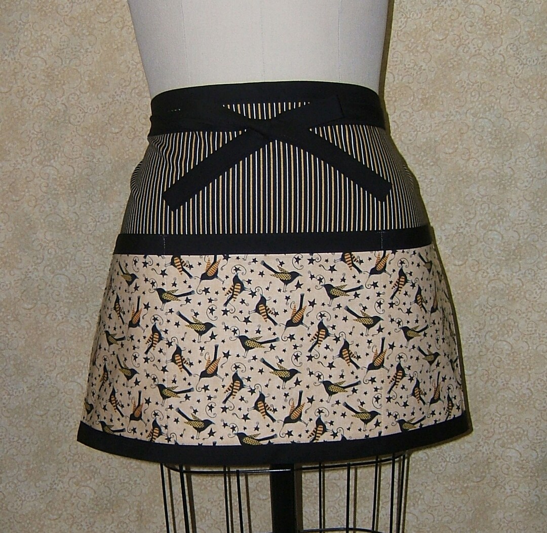Raven Print Half Apron: Striped Cotton Bird Apron With Pockets - Etsy