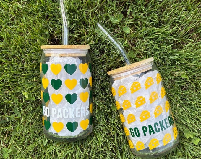 Go Packers Cheese Glass Cup, Go Packers Heart Pattern Glass Cup, Glass ...
