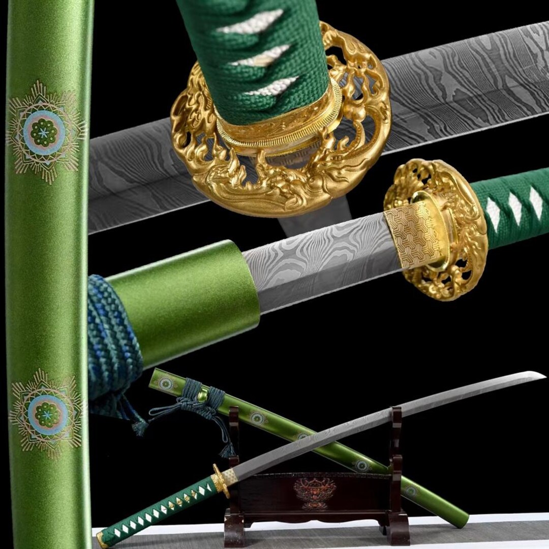 Green Paint Sheath,all Copper Fittings Samurai Sword,damascus Steel ...