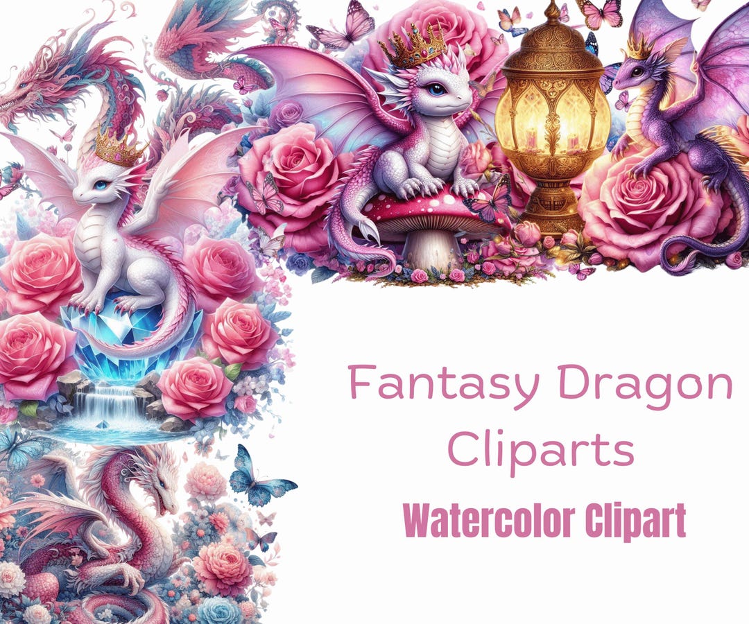 33 Pink Fantasy Dragon Clipart Set Magical Dragon Illustrations Digital ...