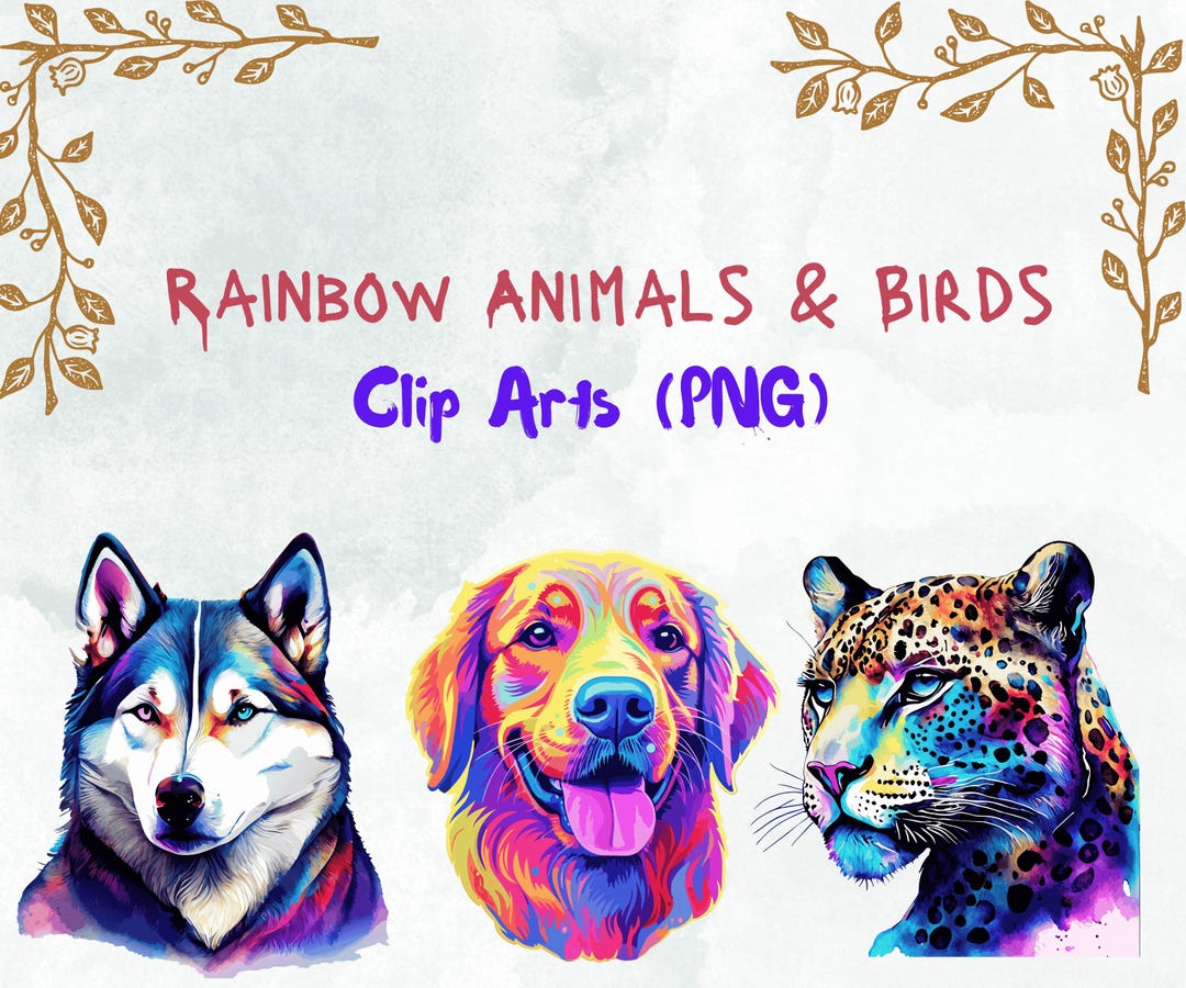 16 Watercolor Rainbow Animal Clipart Colorful Animal Illustrations ...