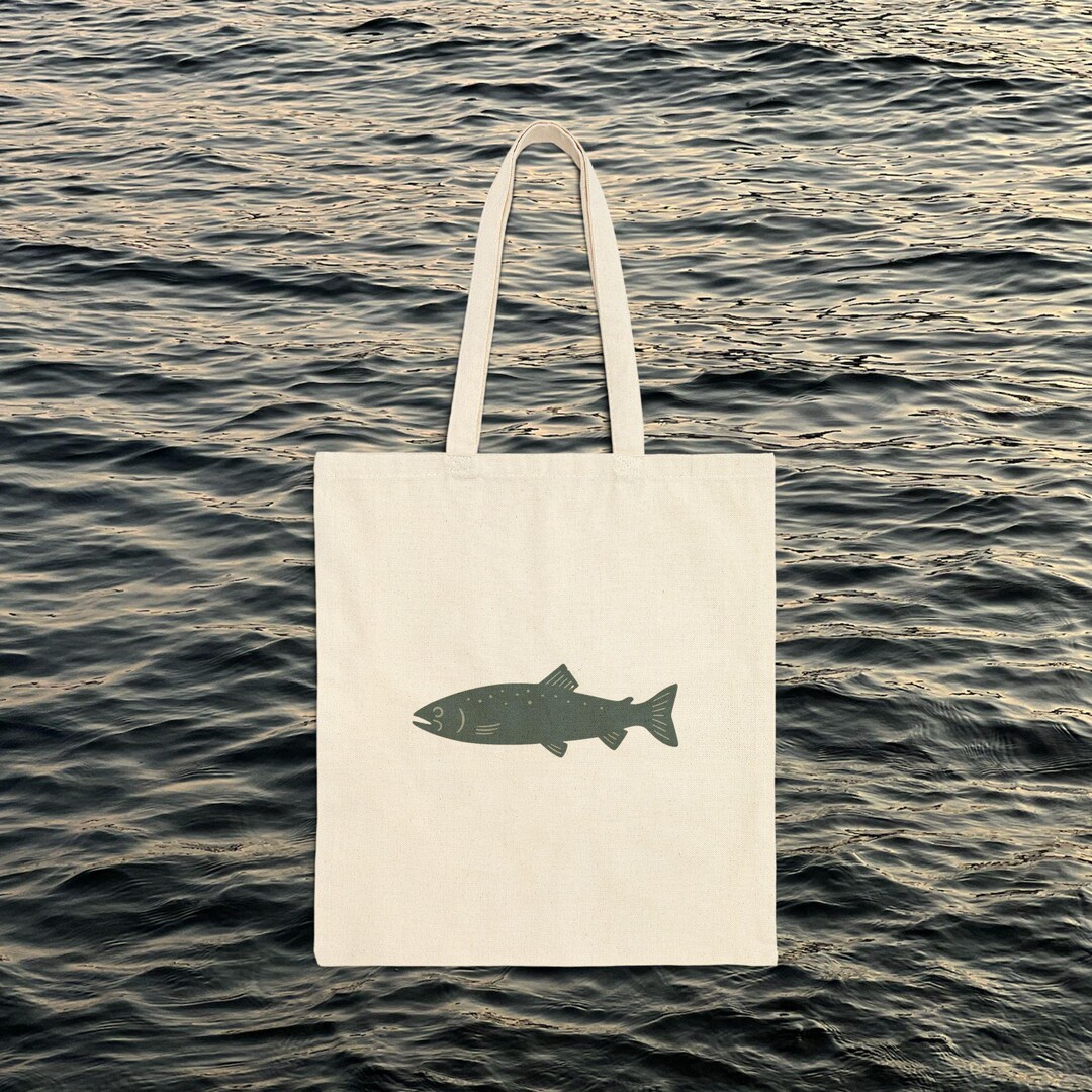 Fish Cotton Canvas Tote Bag, Eco-friendly, Beach Bag, Silver Finn, Lake ...