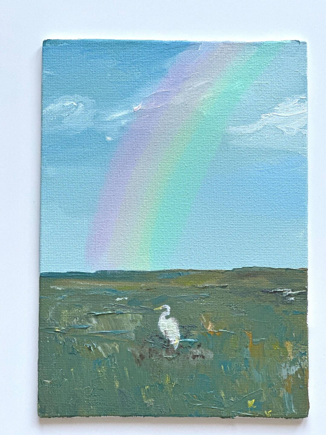 Original Rainbow Oil Painting White Heron in Meadow Small Landscape ...