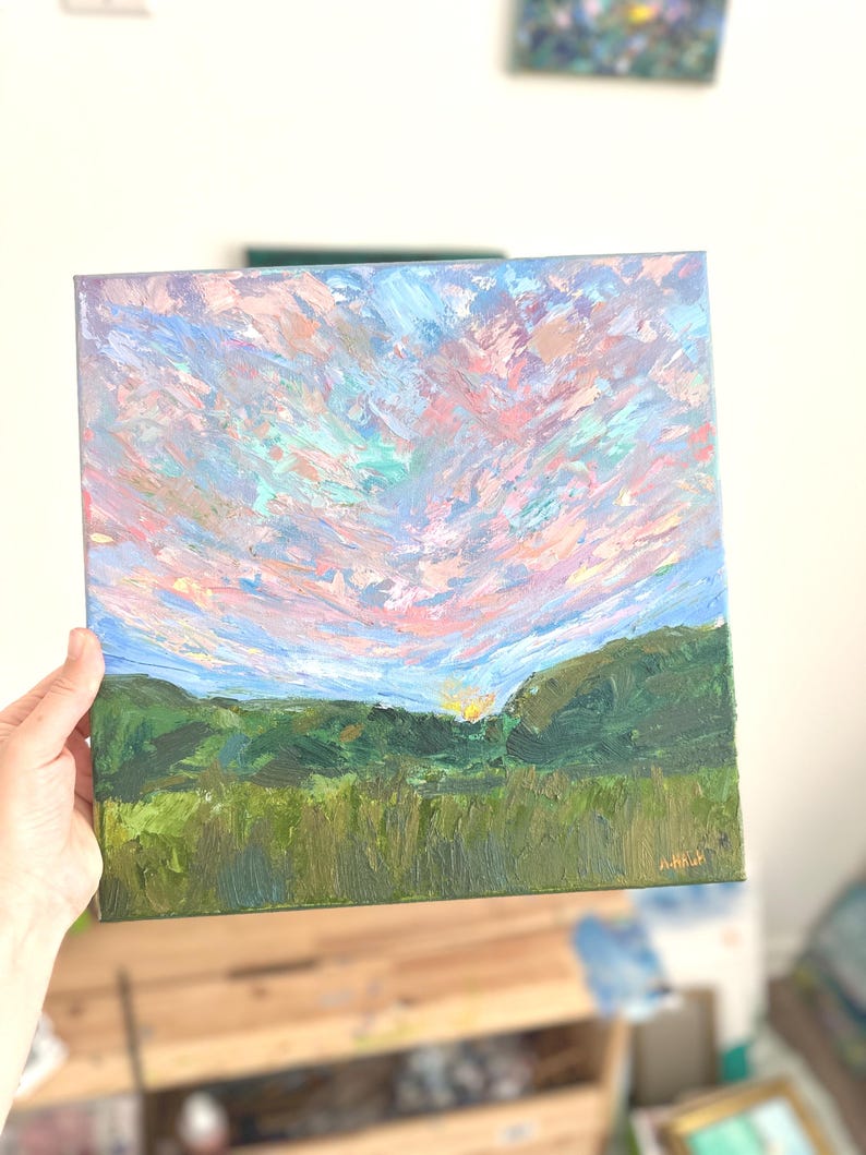 Original Sunset Landscape Oil Painting Colorful Sky Small Canvas Wall ...
