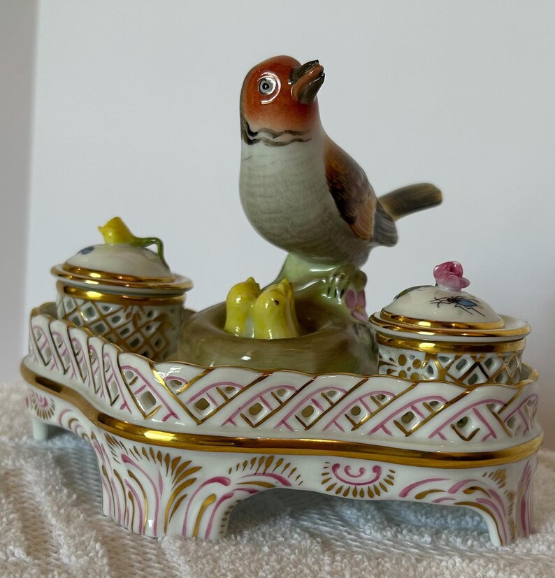 HEREND Porcelain Rothschild Birds, Footed, DOUBLE Inkwell-gold Trim ...