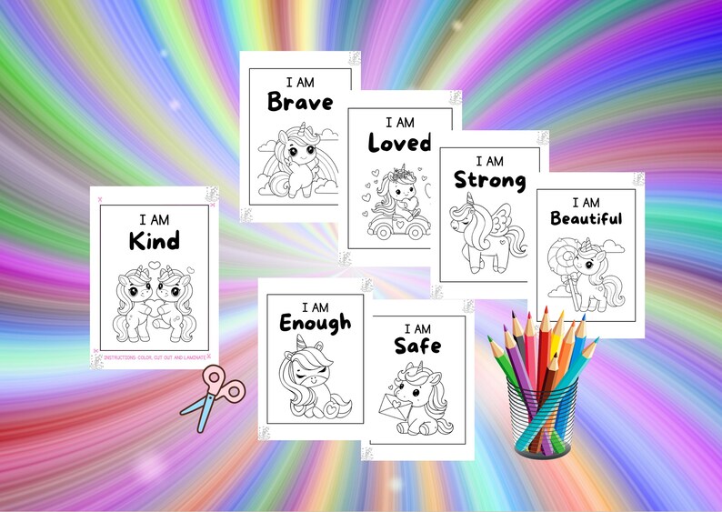 Unicorn Coloring Pages Worksheets, Printable Affirmation Cards for Kids ...