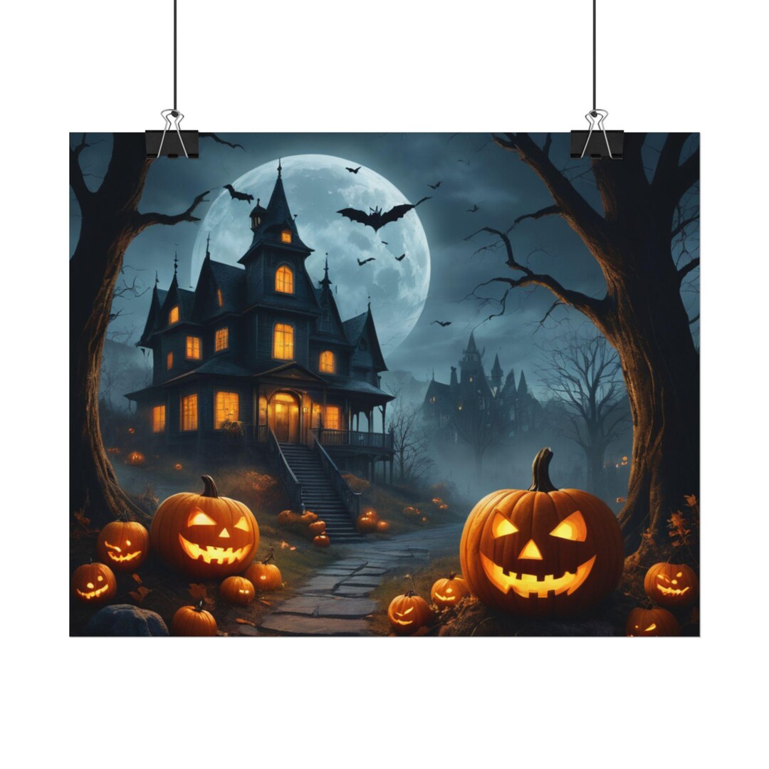 Halloween Scary Pumpkin and Haunted Castle Poster Rolled Print Spooky ...