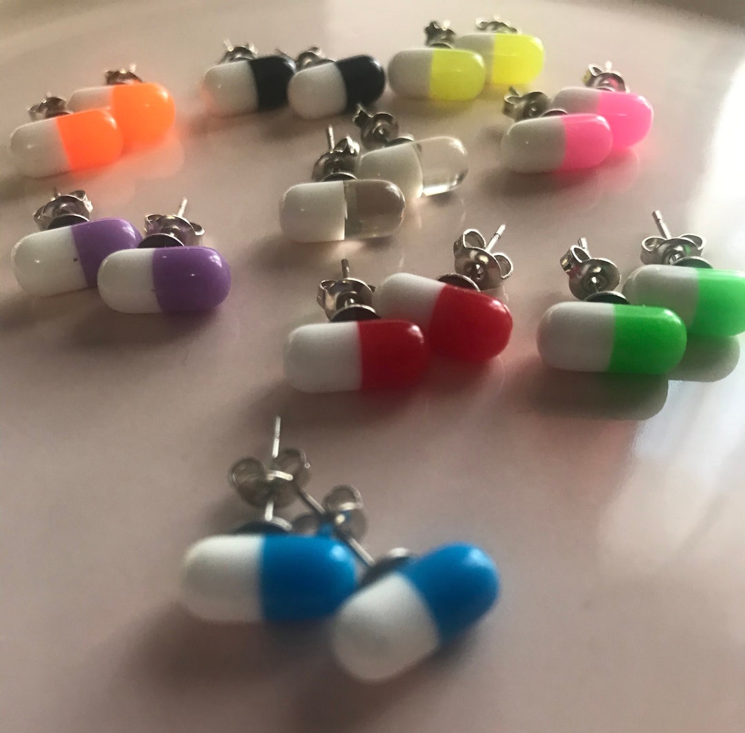Fake Pill Capsule Earrings, Varied Colors You Choose, Post Back, Stud ...