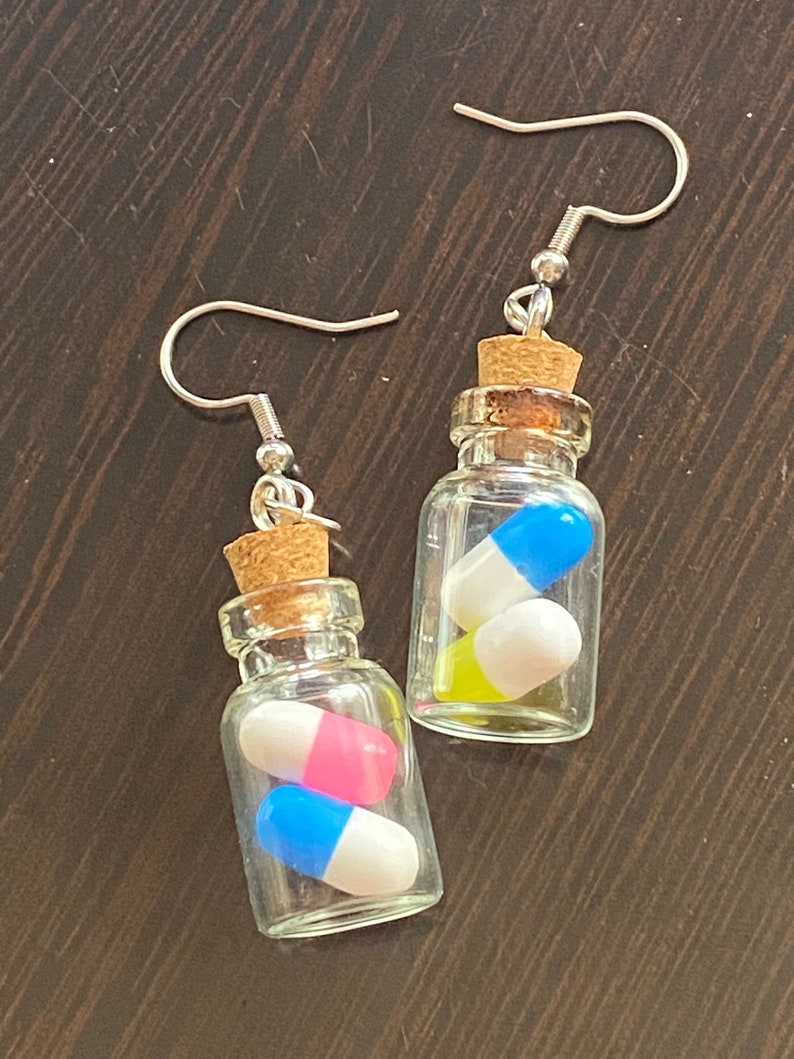 Miniature Fake Pill Bottle Earrings -tiny Glass Bottles, French Hook ...