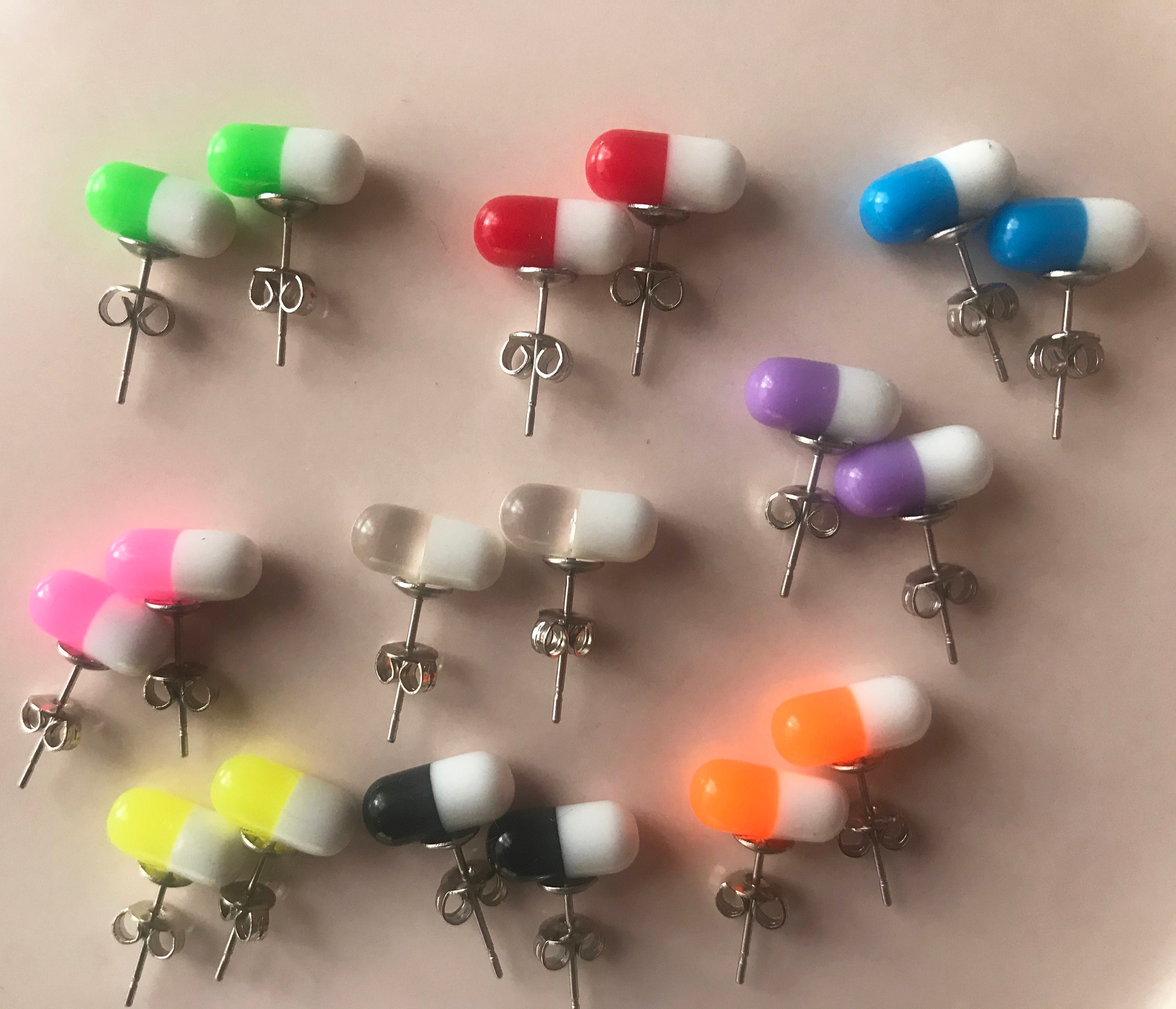 Fake Pill Capsule Earrings, Varied Colors You Choose, Post Back, Stud ...