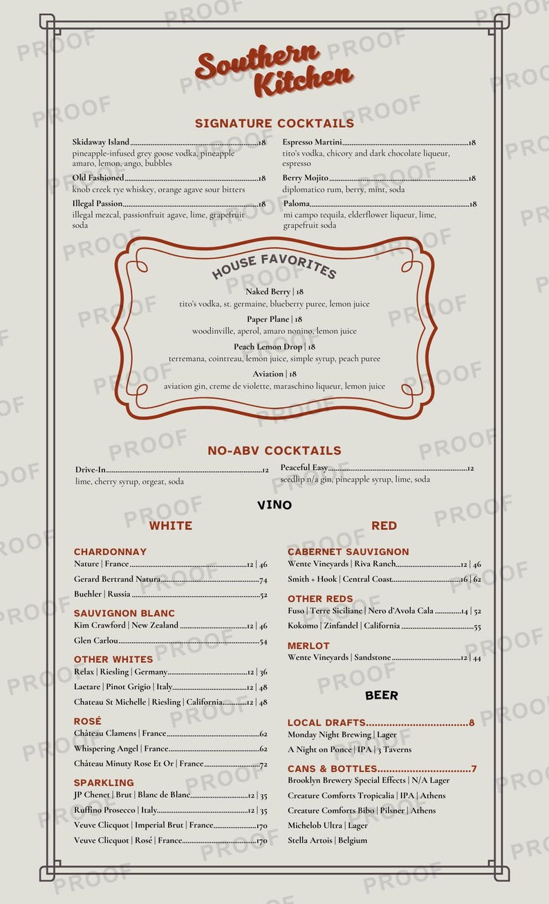 Canva Template - Southern-inspired Dinner and Bar Menu 8.5 X 14 Inches ...