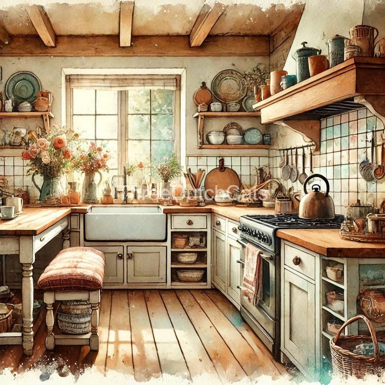 Shabby Chic Rustic Kitchen Clipart - 10 High-quality Watercolor Jpgs ...
