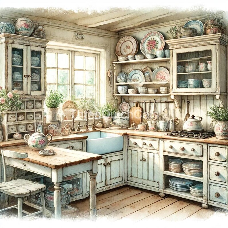 Shabby Chic Rustic Kitchen Clipart - 10 High-quality Watercolor Jpgs ...